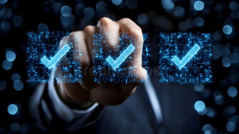 Hand Pointing at Glowing Digital Checkmarks in a Futuristic Interface ...