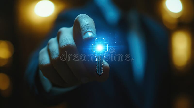 Hand Pointing at Glowing Digital Key Icon, Access, Security Concept ...