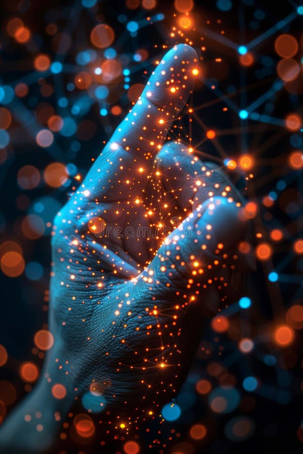 A Hand Pointing at a Glowing Dot Network, AI Stock Illustration ...