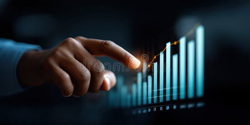 Hand Pointing at Glowing Financial Graph with Rising Bar Charts and ...