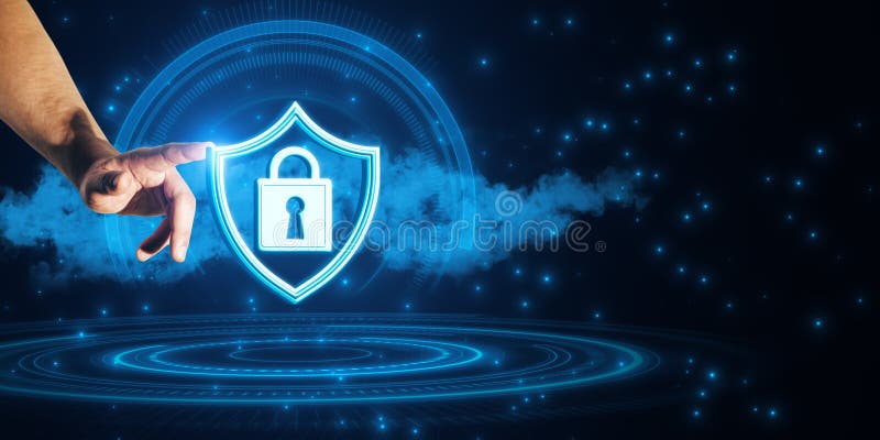 Hand Pointing at a Glowing Lock Icon on a Shield Representing ...