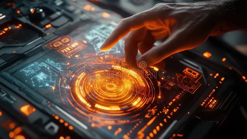 Hand is Pointing at a Glowing Orange Circle on a Screen. Concept of ...