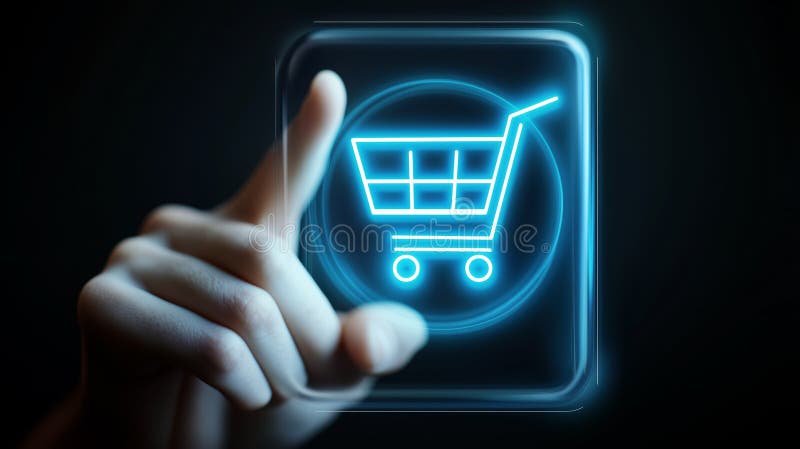 Hand Pointing at a Glowing Shopping Cart Icon on a Digital Interface ...