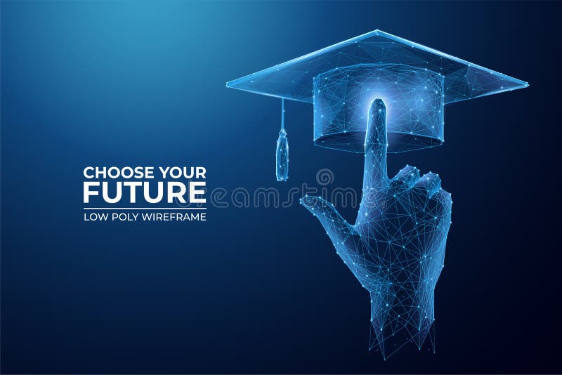 Hand Pointing at Graduation Cap on Technology Blue Background. Stock ...