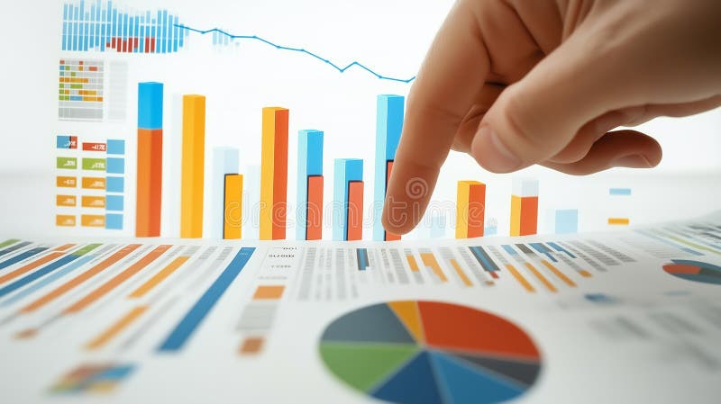 A Hand is Pointing at a Graph with Many Different Colored Bars and Pie ...