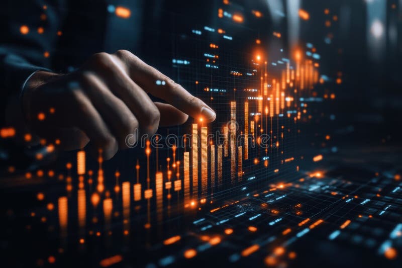 A Hand is Pointing at a Graph with Orange Lines Stock Image - Image of ...