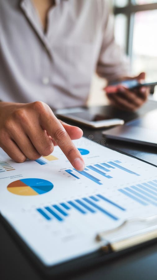 Hand Pointing at Graphs, Workspace Includes Laptop and Mobile ...