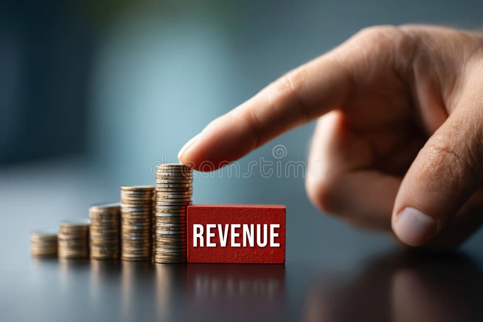 Hand Pointing at Growing Stack of Coins with Revenue Block on Dark ...