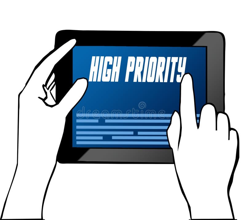 Hand Pointing at HIGH PRIORITY Text on Tablet. Illustration Stock ...