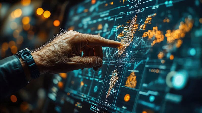 A Hand is Pointing at a High-tech Digital Screen Displaying a Global ...