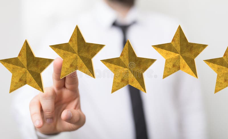 Hand Pointing at the Hovering Yellow Stars. Rating Concept Stock Photo ...