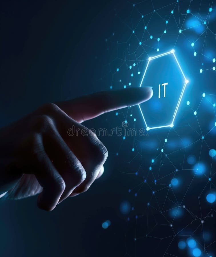 Hand Pointing at Illuminated it Icon in Futuristic Digital Network ...