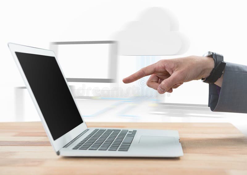 Hand Pointing at Laptop Against Blurry Screens Stock Image - Image of ...