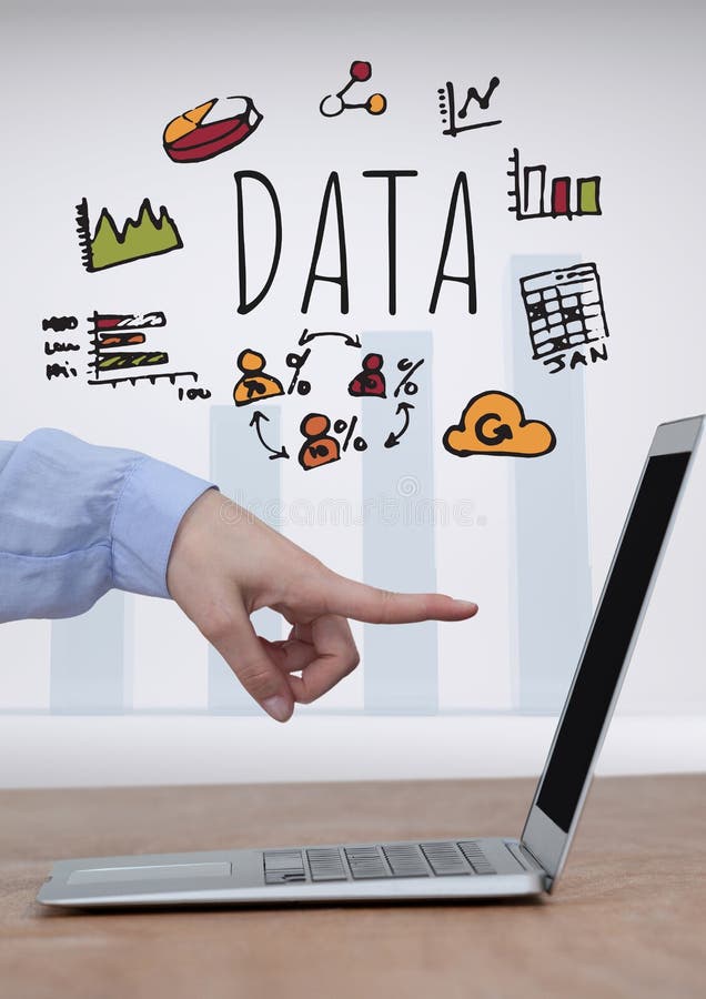 Hand Pointing at Laptop and Data Text with Drawings Graphics Stock ...