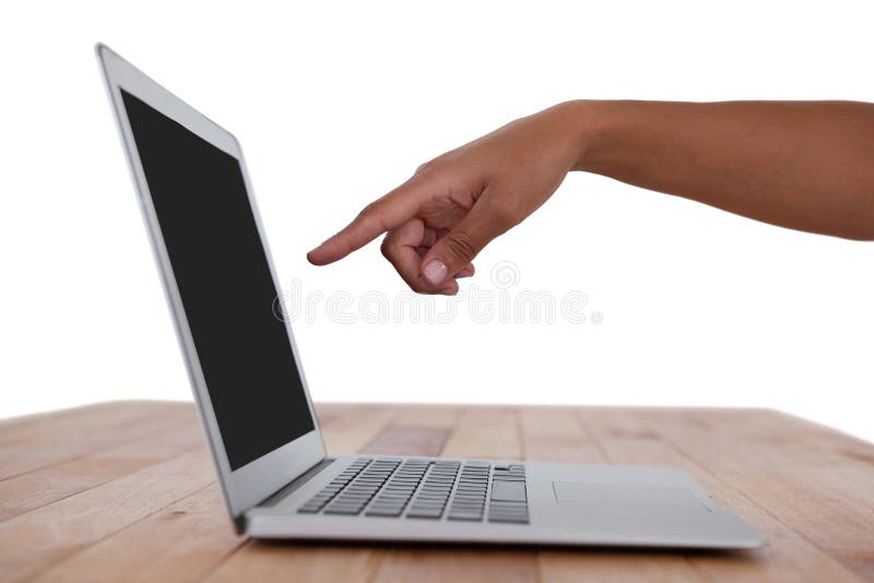 Hand Pointing at Laptop Screen Stock Photo - Image of smart, lifestyle ...