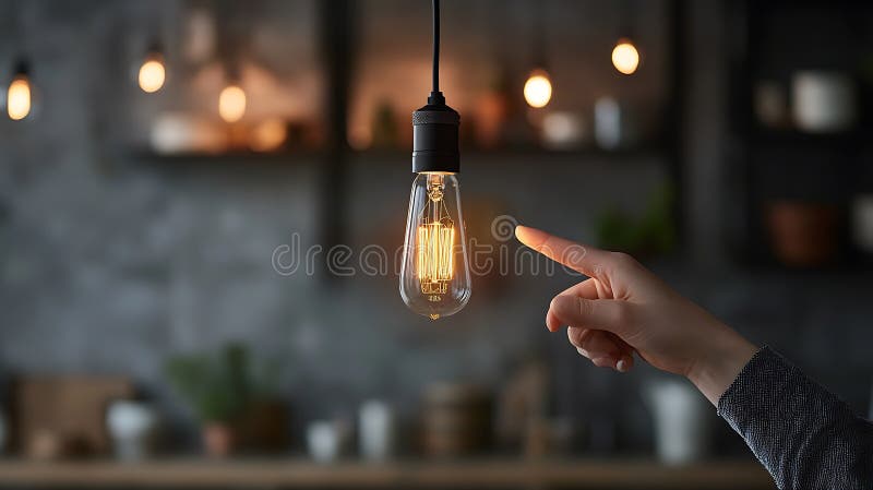 A Hand Pointing at a Light Bulb Stock Image - Image of interior, dark ...