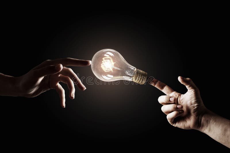 Hand Pointing Light Bulb . Mixed Media Stock Image - Image of future ...