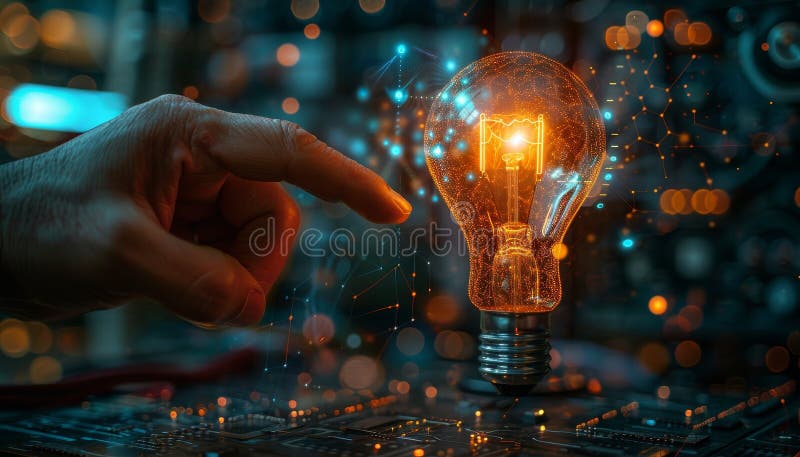 A Hand is Pointing at a Light Bulb on a Table by AI Generated Image ...