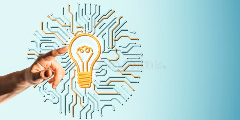 Hand Pointing at Lightbulb Icon with Circuit Lines on Blue Background ...