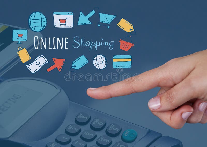 Hand Pointing and Online Shopping Text with Drawings Graphics Stock ...