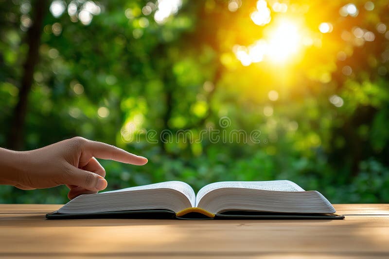 Hand Pointing at Open Book in Sunlit Forest Setting, Symbolizing ...