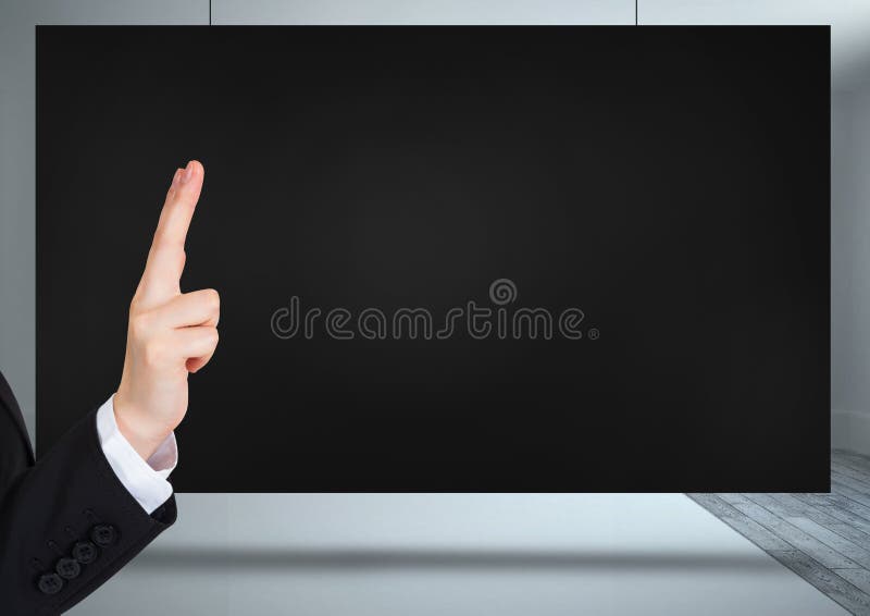 Hand Pointing Over Black Screen Stock Image - Image of room, female ...