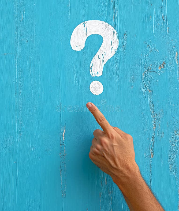 Hand Pointing at a Question Mark on a Blue Wall, Conveying Curiosity or ...