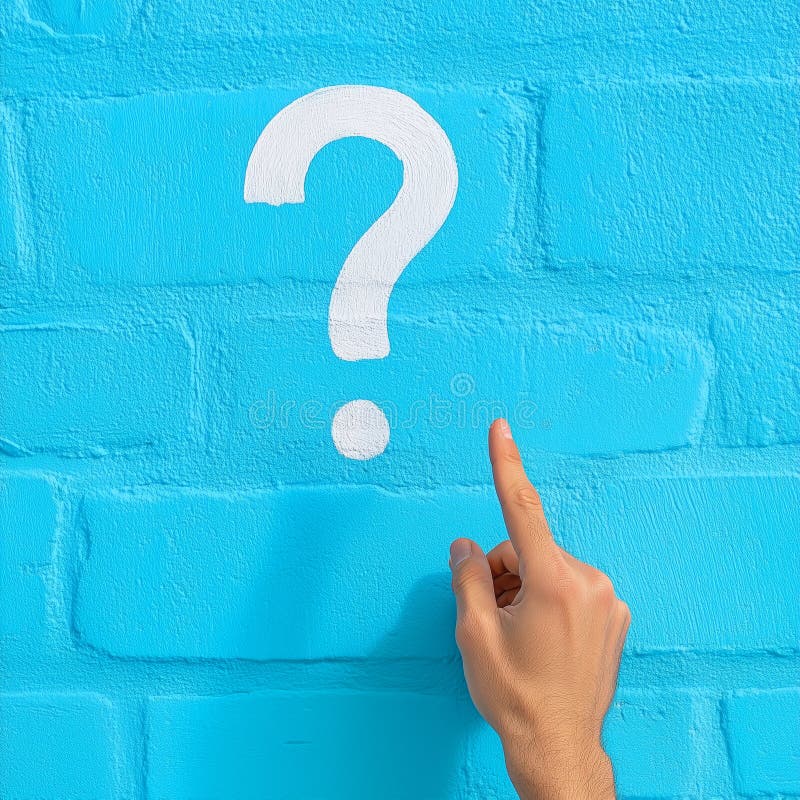Hand Pointing at a Question Mark on a Bright Blue Brick Wall Showcasing ...