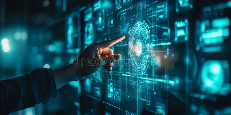 A Hand Pointing at a Screen with a Blue Background Stock Illustration ...