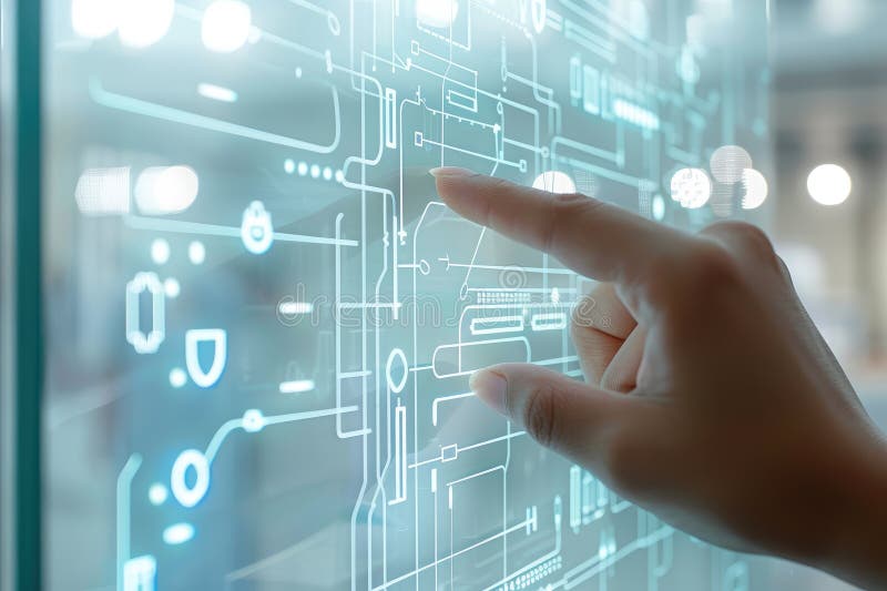 A Hand Pointing at a Screen with a Lot of Lines and Dots Stock ...