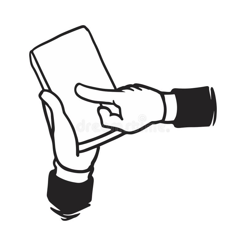 Hand Pointing at Smartphone Screen. Black and White Drawing Vector ...