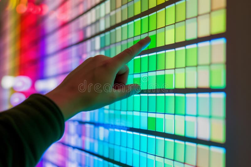 Hand Pointing at a Specific Hue in a Wallmounted Color Display Stock ...