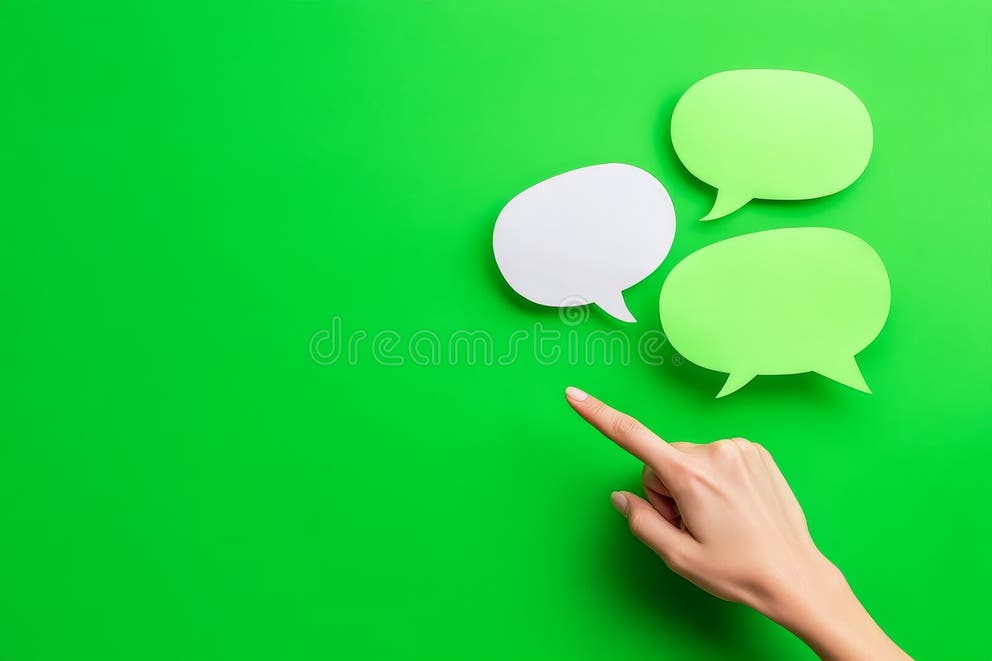 Hand Pointing at Speech Bubbles on Green Background Communication Ideas ...
