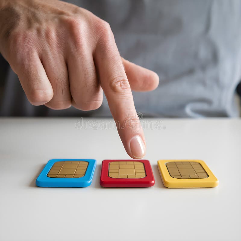 Hand Pointing at Three Colorful SIM Cards on a White Surface Stock ...