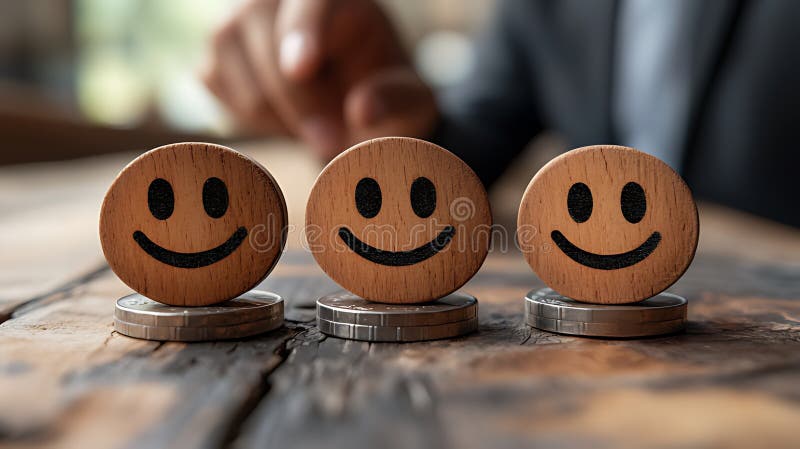 Hand Pointing at Three Happy Wooden Smiley Faces on Coins Stock ...