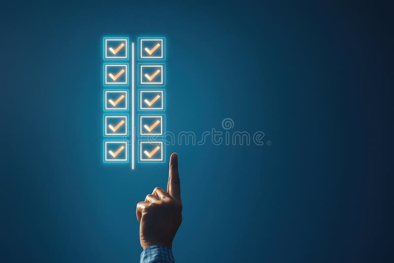 Hand Pointing To Digital Checkmarks on a Blue Background Symbolizing ...