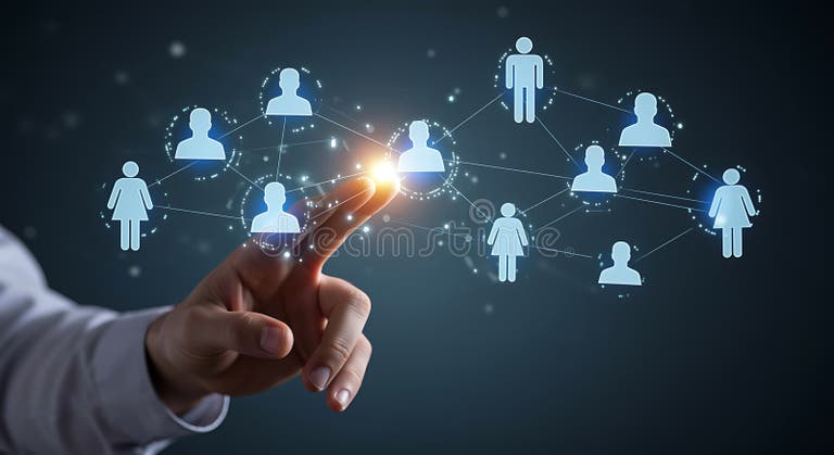 Hand Pointing To Glowing Human Network Connecting People Across a ...