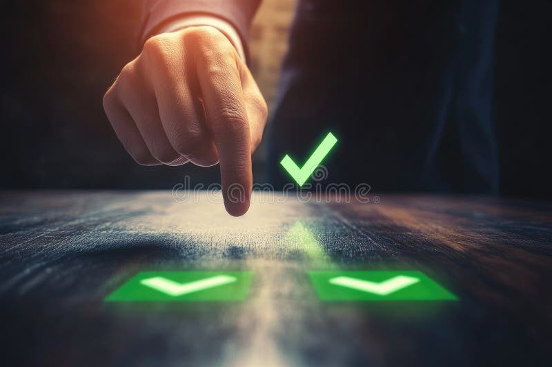 A Hand is Pointing To a Green Check Mark on a Table Stock Illustration ...