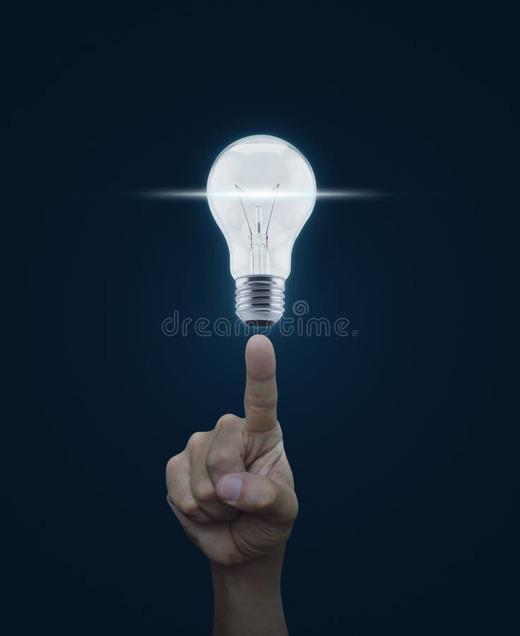 Hand Pointing To Light Bulb with Blue Spot Light and Idea Word O Stock ...