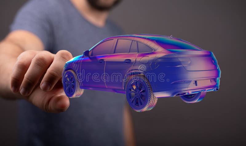 Hand Pointing To the New 3D Model of a Purple Car Stock Photo - Image ...