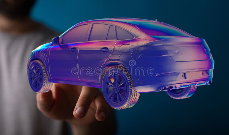 Hand Pointing To the New 3D Model of a Purple Car Stock Photo - Image ...