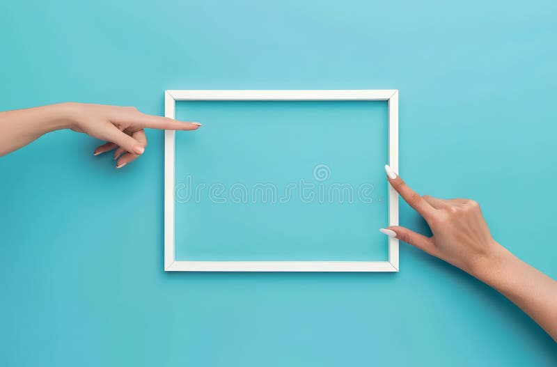Two Hands Pointing at White Frame on Blue Background Stock Illustration ...