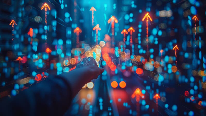 Hand Pointing Towards Glowing Arrows in a Digital Environment ...