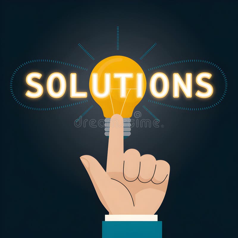 Hand Points To Glowing Light Bulb with SOLUTIONS Inside, Innovation ...