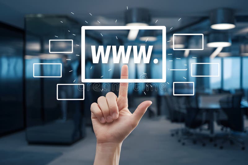 Hand Pointing at Transparent Box with WWW in White Rectangles, Internet ...