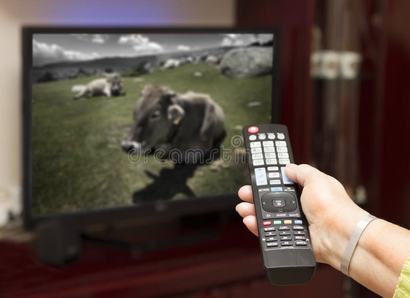 Hand Pointing a Tv Remote Control Towards the Television. Stock Photo ...