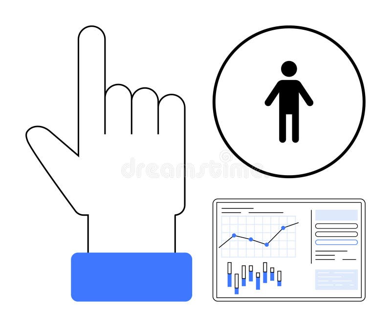 Hand Pointing Up, User Icon in Black Circle, and Data Analytics ...