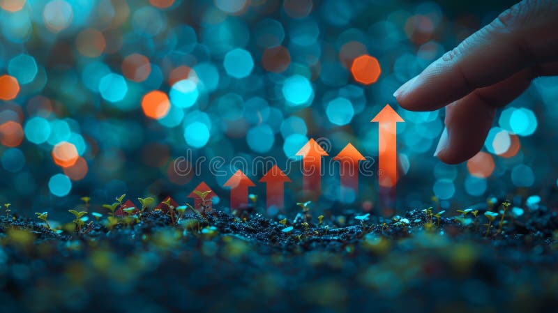 Hand Pointing at Upward Arrows Surrounded by Bokeh Lights, Representing ...