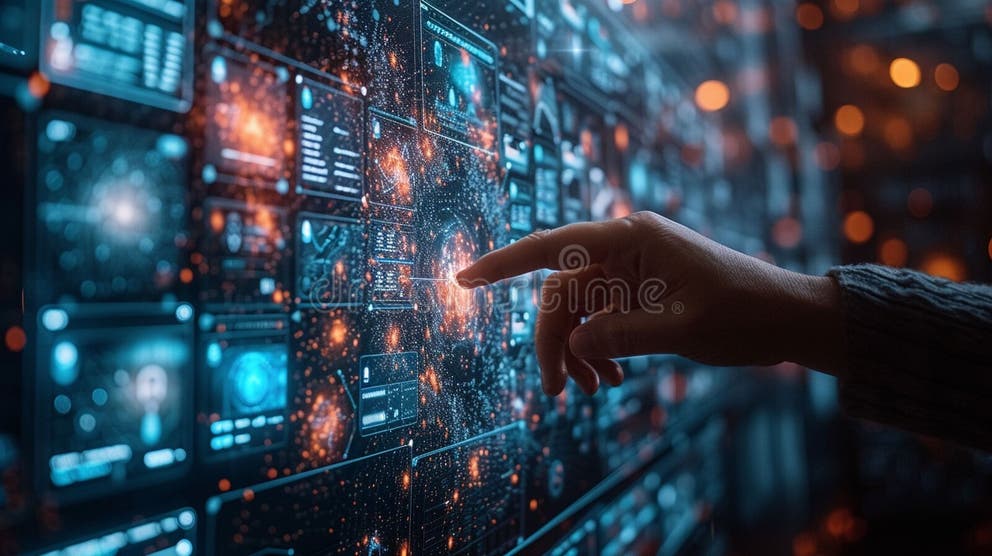 Hand Pointing at Wall of Computer Screens Stock Illustration ...
