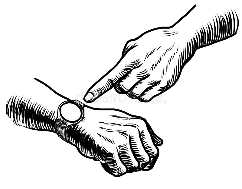 Hand pointing at watch stock illustration. Illustration of time - 301165753
